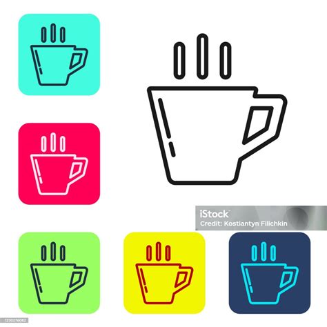 흰색 배경에 격리 된 검은 선 커피 컵 아이콘입니다 차 컵 뜨거운 음료 커피 색상 정사각형 버튼으로 아이콘을 설정합니다 벡터 일러스트레이션 검은색에 대한 스톡 벡터 아트 및