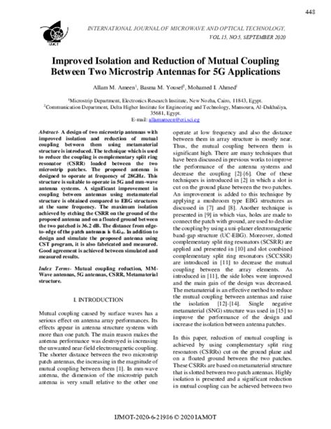 Pdf Improved Isolation And Reduction Of Mutual Coupling Between Two Microstrip Antennas For 5g