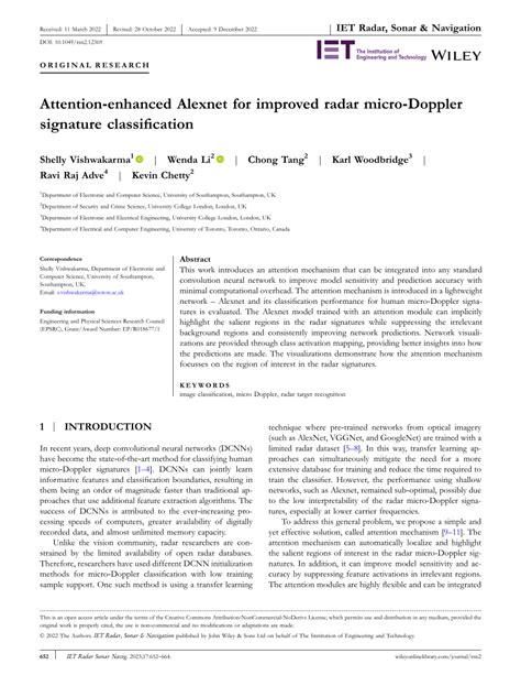 Pdf Attention‐enhanced Alexnet For Improved Radar Micro‐doppler Signature Classification