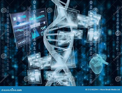 scientific data binary coding processing with screens and dna strand on