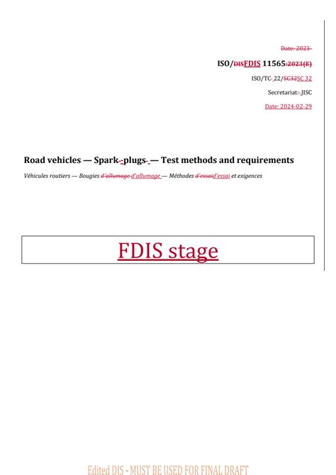 ISO FDIS 11565 Road Vehicles Spark Plugs Test Methods And Requirements