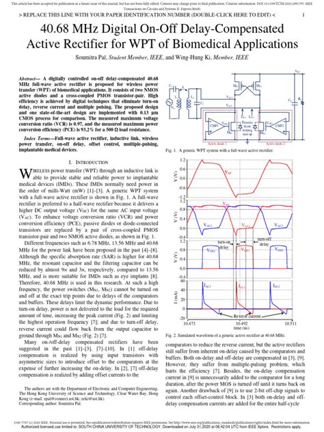 40 68 mhz digital on off delay compensated active rectifier for wpt of