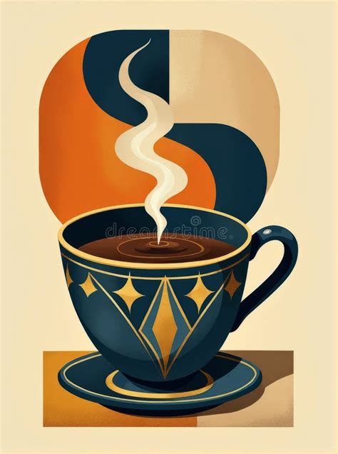 Art Deco Coffee Cup With Steam On Abstract Background Digital Art Stock