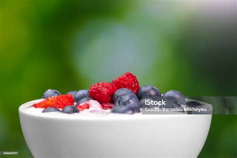 천연 화이트 요거트와 신선한 라즈베리 블루베리 딸기가 있는 그릇을 초록색 흐릿한 배경에 클로즈업하고 매크로 사진을 찍는다 맛있는 건강한 아침 식사 건강한 생활방식에 대한