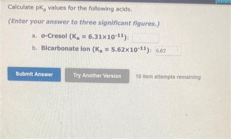 solved calculate pka values for the following acids enter