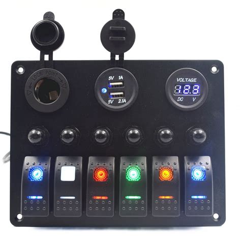 6 Gangs Rocker Switch Panel And Curcuit Breaker Aluminium Alloy Panel With Cigarette Lighter