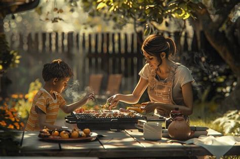Premium Photo Mom And Son Having A Bbq