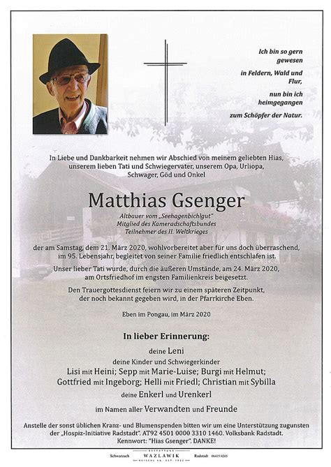 Traueranzeige Von Matthias Gsenger Bestattung Wazlawik Reischl Eu