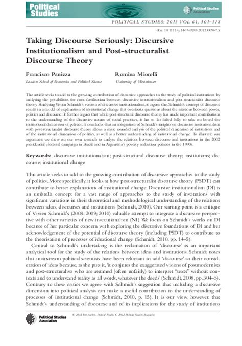 Taking Discourse Seriously Discursive Institutionalism And Post Structuralist Discourse Theory