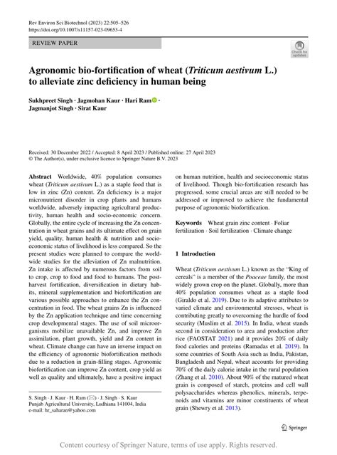 Agronomic Bio Fortification Of Wheat Triticum Aestivum L To Alleviate Zinc Deficiency In