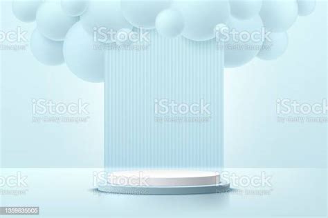 거품 또는 파란색 구공이 날고 수직 패턴 배경이있는 현실적인 흰색과 파란색 3d 실린더 받침대 연단 제품 디스플레이를 위한 최소한의 장면 벡터 렌더링 기하학적 플랫폼 기포에