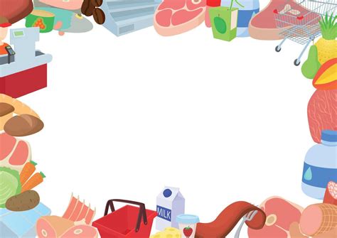 Supermarket Grocery Food Frame Border With Cashier Shopping Cart Meat