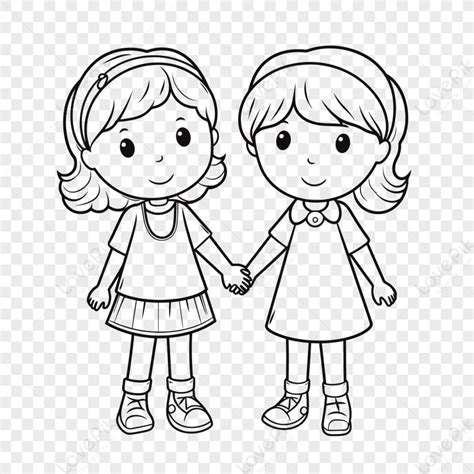두 소녀가 서로 손을 잡고 있습니다 색칠 페이지 개요 스케치 드로잉 벡터머리두꺼운 선 Png 일러스트 무료 다운로드 Lovepik