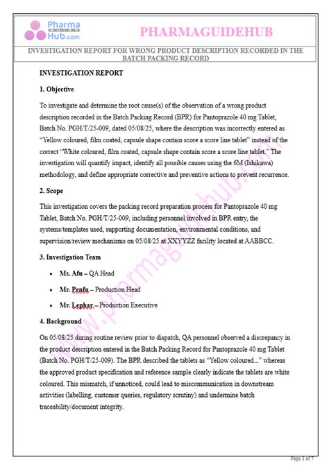 Investigation Report For Wrong Product Description Recorded In The Batch Packing Record