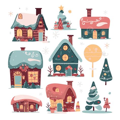 크리스마스 장면 벡터 귀여운 스타일 만화에 크리스마스 테마 집의 귀여운 세트 스티커 클립 아트 상표 클립 아트 Png 일러스트 및 벡터 에 대한 무료 다운로드