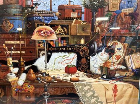 Framed Sewing Room Print With Cats By Charles Wysocki Auction Ohio