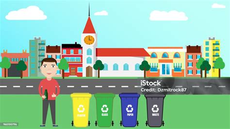 별도 쓰레기 폐기물입니다 폐기물 및 쓰레기 처리의 개념입니다 유리 플라스틱 종이 현대 시의 배경 병 가정용 쓰레기 폐기물 쓰레기