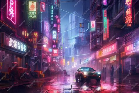 사이버펑크의 밤 도시 네온 안개 속 밤의 디스토피아적 미래 사이버펑크 도시 Generative Ai 프리미엄 사진