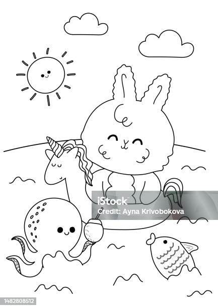 유니콘 수영장 반지를 끼고 바다에서 헤엄치는 귀여운 카와이 토끼의 색칠 공부 페이지 성인과 어린이를 위한 스트레스 해소 색칠하기 책 0명에 대한 스톡 벡터 아트 및 기타