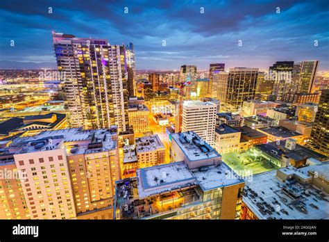Denver Colorado Usa Downtown Cityscape Rooftop View At Dusk With