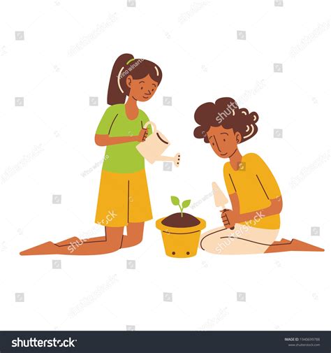 Illustration Design Two Girls Planting Tree Stock Vector Royalty Free 1940699788 Shutterstock