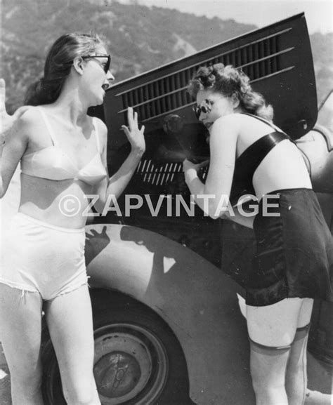 Vtg 1950s Photo Girl Pinup Naughty Girls Fixing Car In Lingerie Risqu