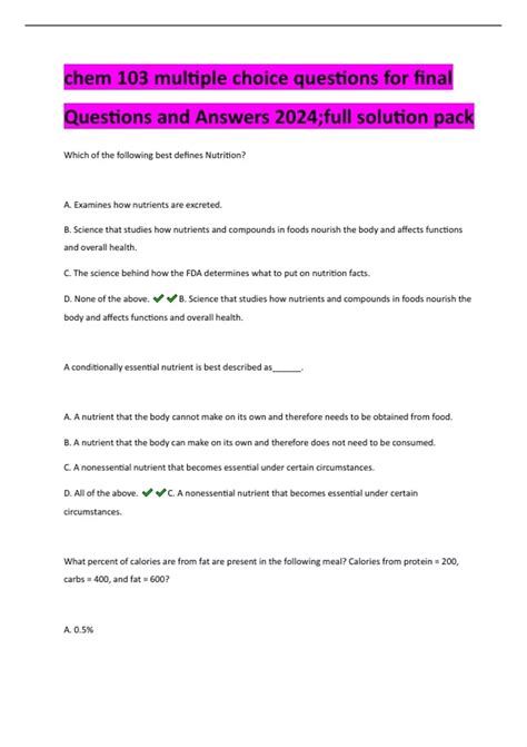 Chem 103 Multiple Choice Questions For Final Questions And Answers 2024