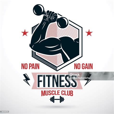 벡터 기호 피트 니스 아령을 들고 근육 스포츠맨 팔으로 구성 아니 아무 이득 레터링 고통 스포츠 팀 개념적 상징