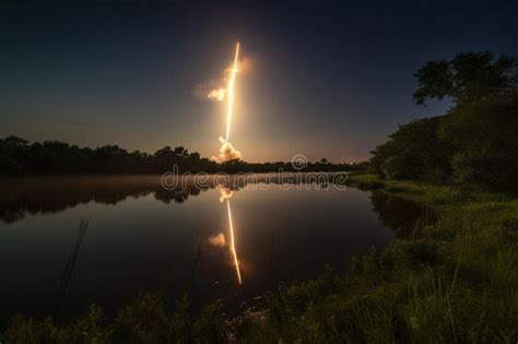Illustration Of A Rocket Launching Into Space Representing Space Exploration And Technology