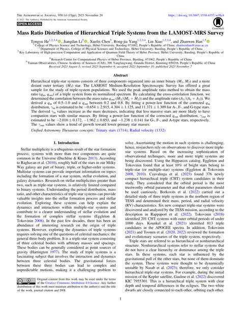 Pdf Mass Ratio Distribution Of Hierarchical Triple Systems From The Lamost Mrs Survey