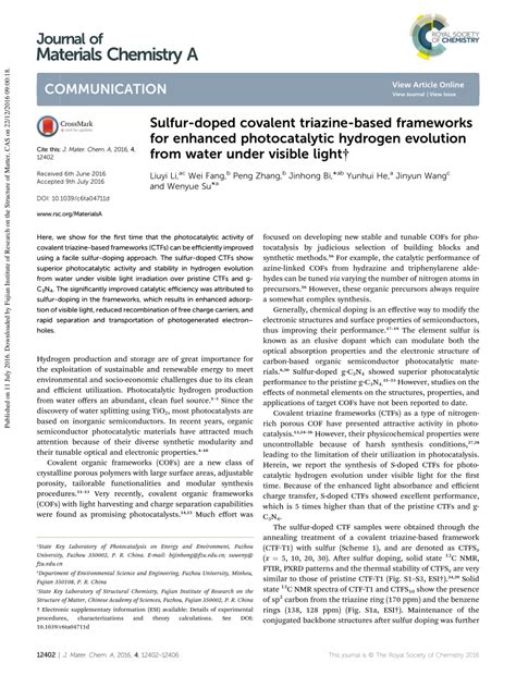 Pdf Sulfur Doped Covalent Triazine Based Frameworks For Enhanced Photocatalytic Hydrogen