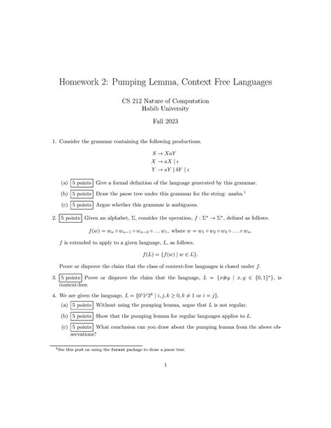 Lllllllllllllllllllllllllllllllllllllllll Homework 2 Pumping Lemma Context Free Languages Cs