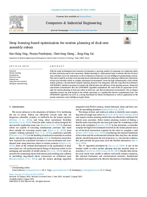 Pdf Deep Learning Based Optimization For Motion Planning Of Dual Arm Assembly Robots