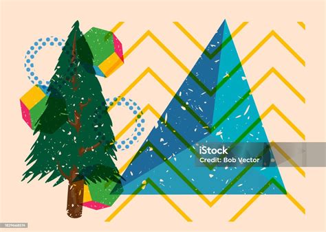 기하학적 모양의 Risograph 크리스마스 트리입니다 소나무와 물체 트렌디한 Riso 그래프 인쇄 질감 스타일 디자인 와 Geometry Elements 0명에 대한 스톡