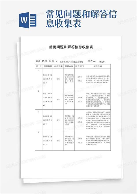 常见问题和解答信息收集表word模板下载 编号lywapywg 熊猫办公