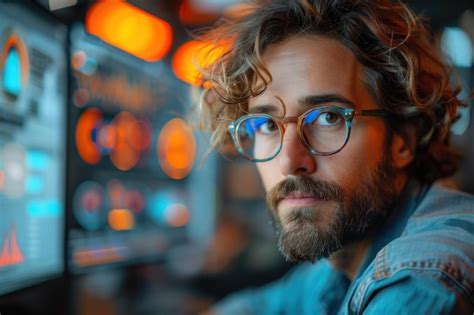premium photo man with glasses analyzing computer screen