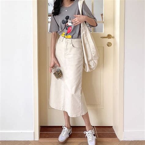 레린 하이웨스트 뒤 트임 데님 롱 스커트 에이블리