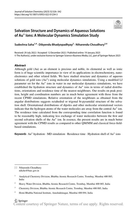 Solvation Structure And Dynamics Of Aqueous Solutions Of Au Ions A Molecular Dynamics