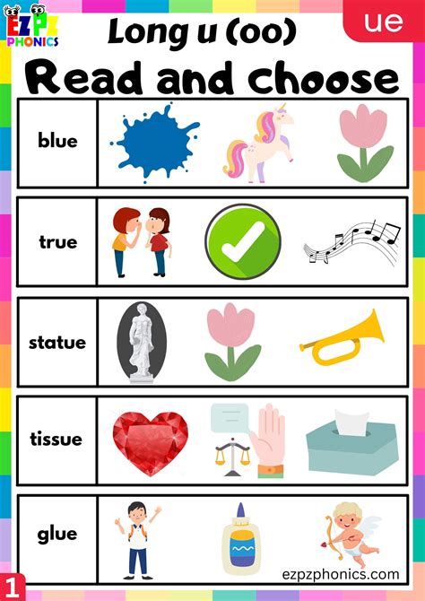 Read and Choose the Correct Images for ue Words Long u (oo) Sound - ezpzphonics.com