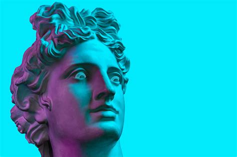 팝 아트 스타일로 인간의 얼굴의 석고 골동품 조각 콜라주 고대 동상 머리와 현대 창조적 인 개념 이미지 진 문화 현대 미술 포스터 펑키 미니멀리즘 복고풍 디자인 0명에 대한