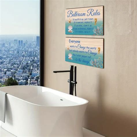 2개 세트 바다 테마 욕실 장식 세트 재미있는 규칙 해양 생물 목재 플라크 러스틱 팜하우스 벽 예술 Temu