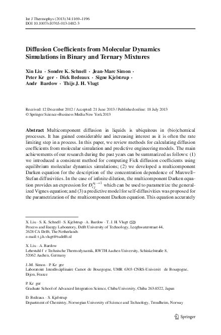 Pdf Diffusion Coefficients From Molecular Dynamics Simulations In Binary And Ternary Mixtures