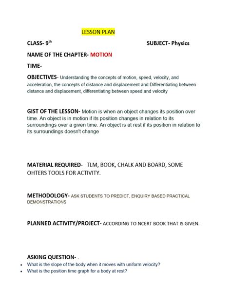 Class 9 Lesson Plan Pdf Newtons Laws Of Motion Velocity