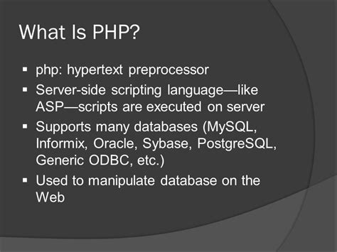 Introduction to PHP 1.What is PHP? What Is PHP? php: hypertext preprocessor Server-side ...