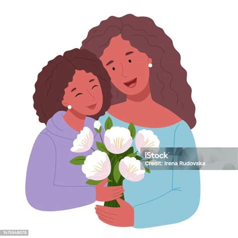 딸은 어머니에게 꽃다발을 준다 흑인 가족 어머니의 날 플랫 핸드 스타일 놀라움에 대한 스톡 벡터 아트 및 기타 이미지 놀라움