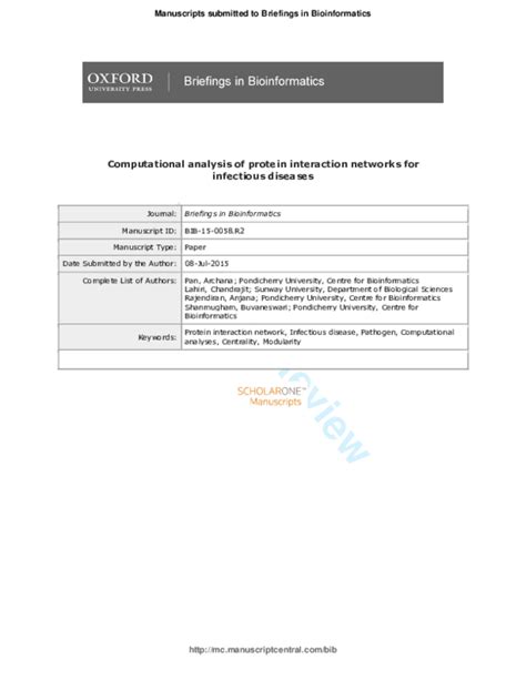 Pdf Computational Analysis Of Protein Interaction Networks For Infectious Diseases