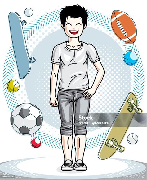 귀여운 작은 소년 아동 서 입고 세련 된 캐주얼 의류 벡터 인간 그림입니다 패션 및 라이프 스타일 테마 만화 공 스포츠 장비에 대한 스톡 벡터 아트 및 기타 이미지 Istock
