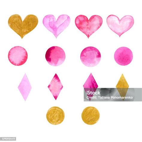수채화 일러스트레이션 핑크와 골드 색상의 그래픽 요소 세트 하트 원 마름모 디자인 패턴 작성 등의 요소를 제공합니다 0명에 대한 스톡 벡터 아트 및 기타 이미지 Istock