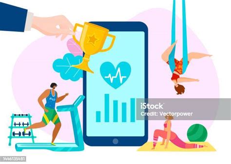 스마트폰 온라인 피트니스 응용 프로그램 기술 디지털 장치 운동 휴대 전화 앱 평면 벡터 그림 흰색으로 격리 웰빙에 대한 스톡 벡터 아트 및 기타 이미지 Istock