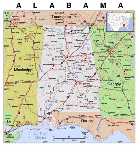 Detailed Map Of Alabama State With Relief Alabama State Usa Maps